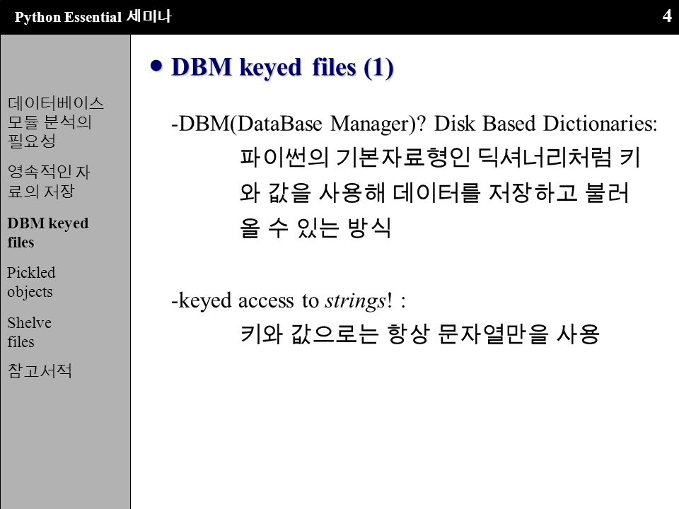 Python Essential 세미나 1 Python Databases Module Part 1 Dbm System